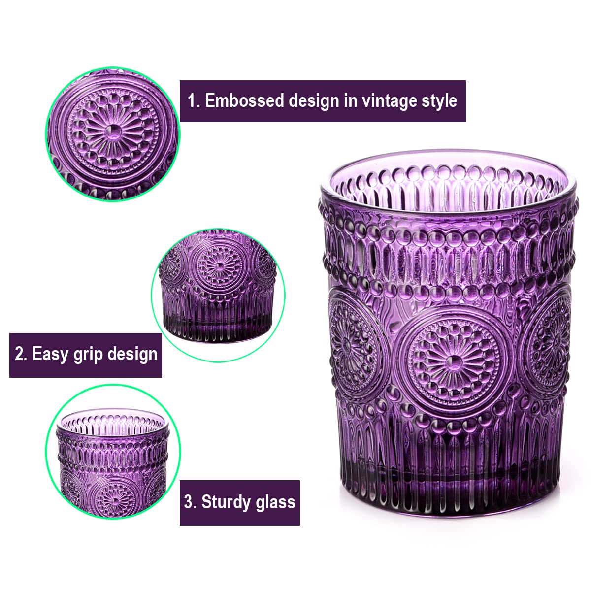 GLASS SMILE 4 Pack Romantic Water Glasses-10.5 OZ Purple Vintage Drinking Glasses Tumblers for Whisky, Beer, Juice, Beverages, Cocktail