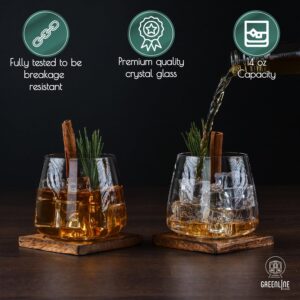 Greenline Goods Whiskey Glasses Set | Large 14 oz Crystal Glass | Hand Blown Set of 2 - Uniquely Designed Bourbon & Scotch Tasting Glasses - Old Fashioned Cocktail Rocks Wisky Glasses