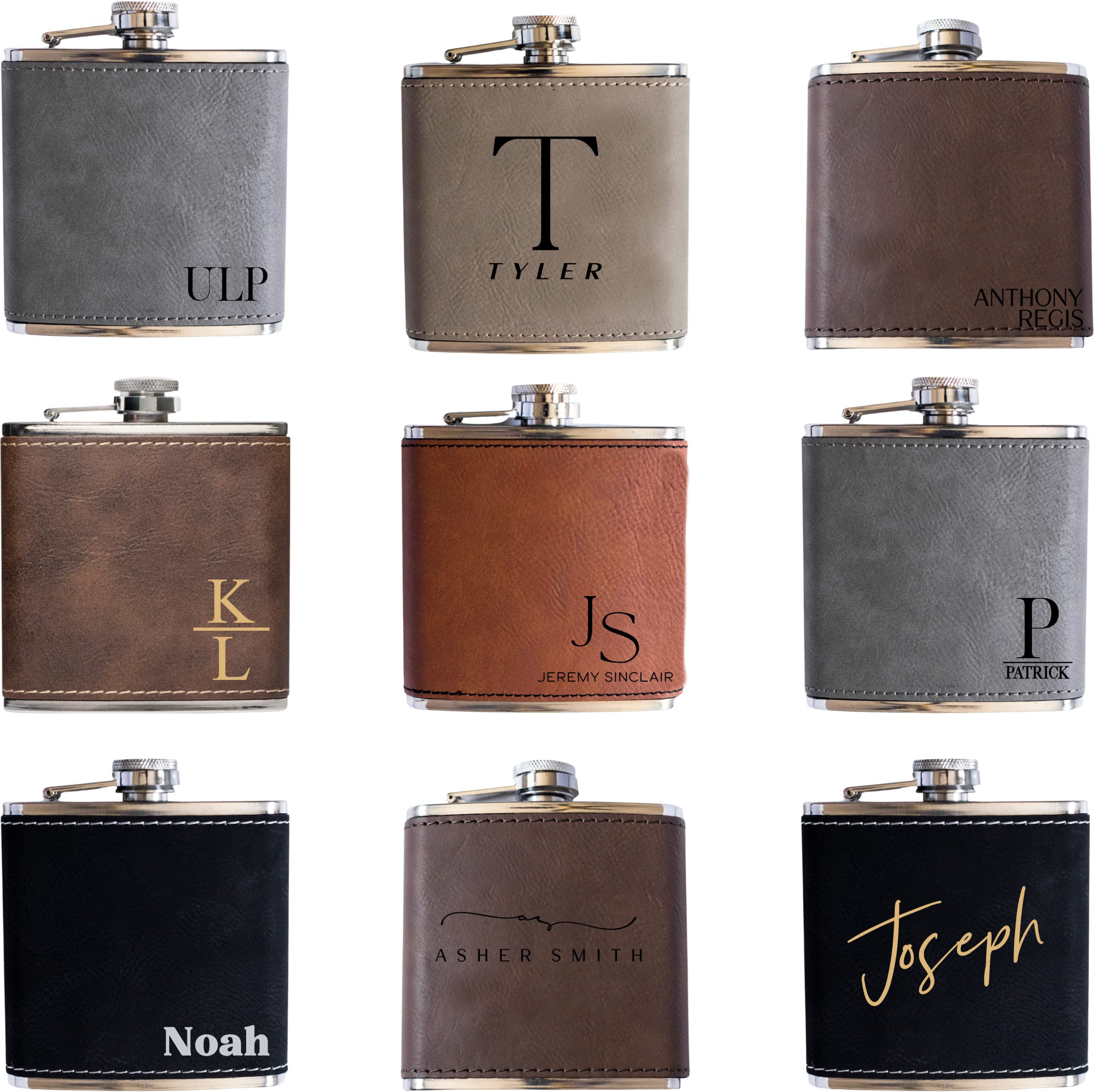 Personalized Flask For Wedding Gift. Customized Flask Gift Set. Engraved Leatherette Flask With Optional Gift Box For Groomsmen Gifts. Engraved Flask (Black & Silver)