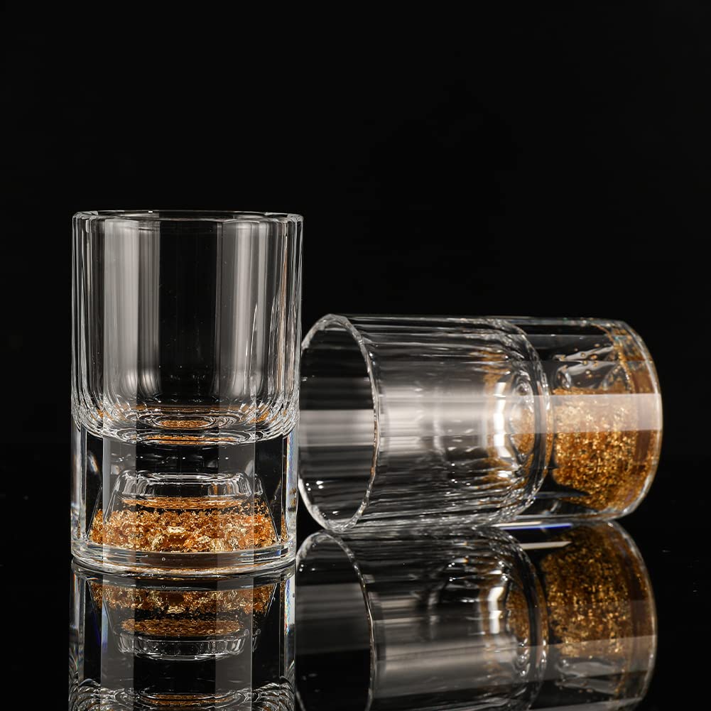 SIYOUKI Crystal Shot Glasses 1.7oz Set,Decorated With 24K Gold Leaf Flakes,Lead-Free,Handmade Set Suitable For MaoTai,Spirits,Drinks Tastin,Gift-Box Packaging (2pcs)