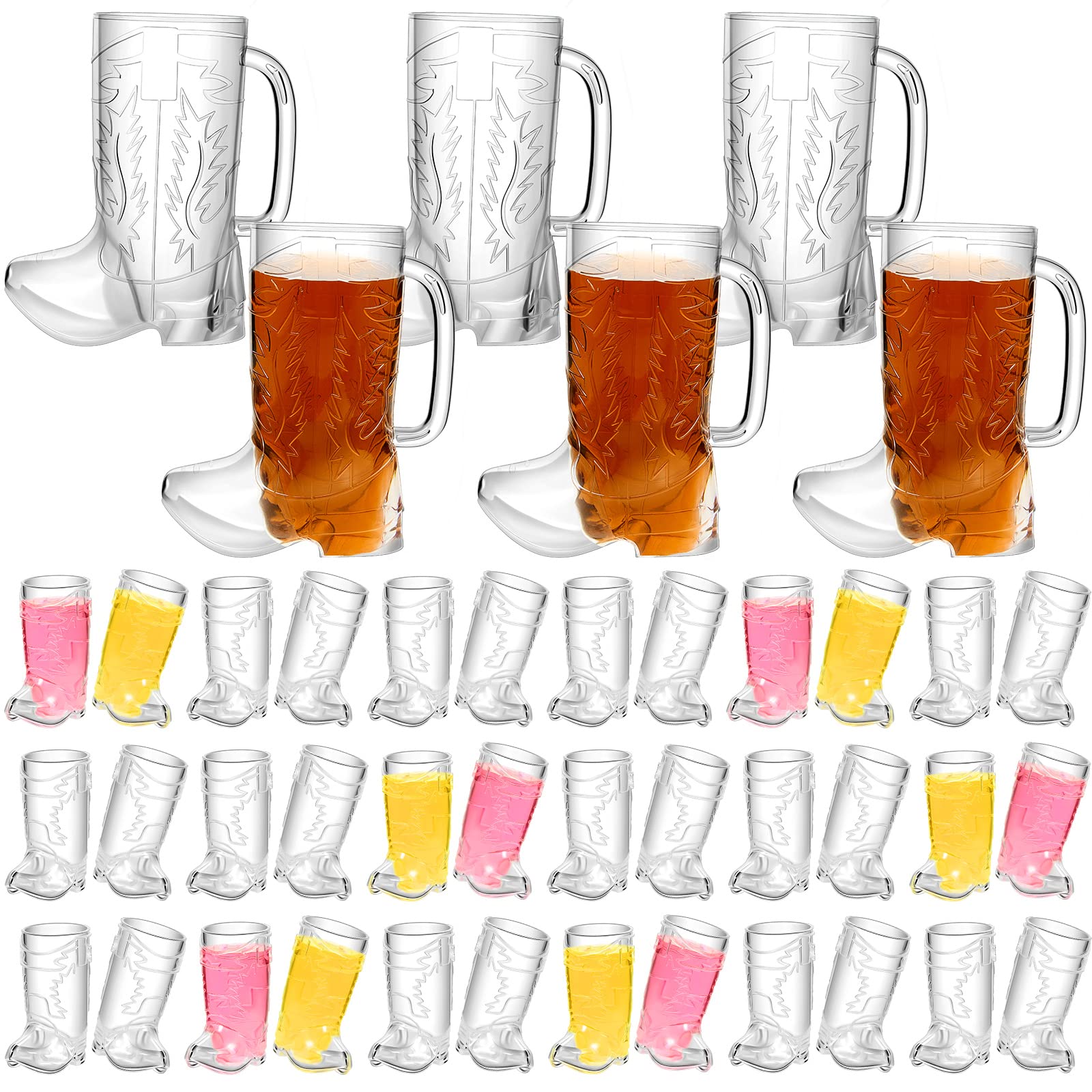 42 Pieces Cowboy Boot Cups 1 oz Shot Glasses and 17 oz Big Mug Clear Hard Plastic Mug with Handle for Cowgirl Shot Glasses Western Bachelorette Themed Party Rodeo Birthday Decorations