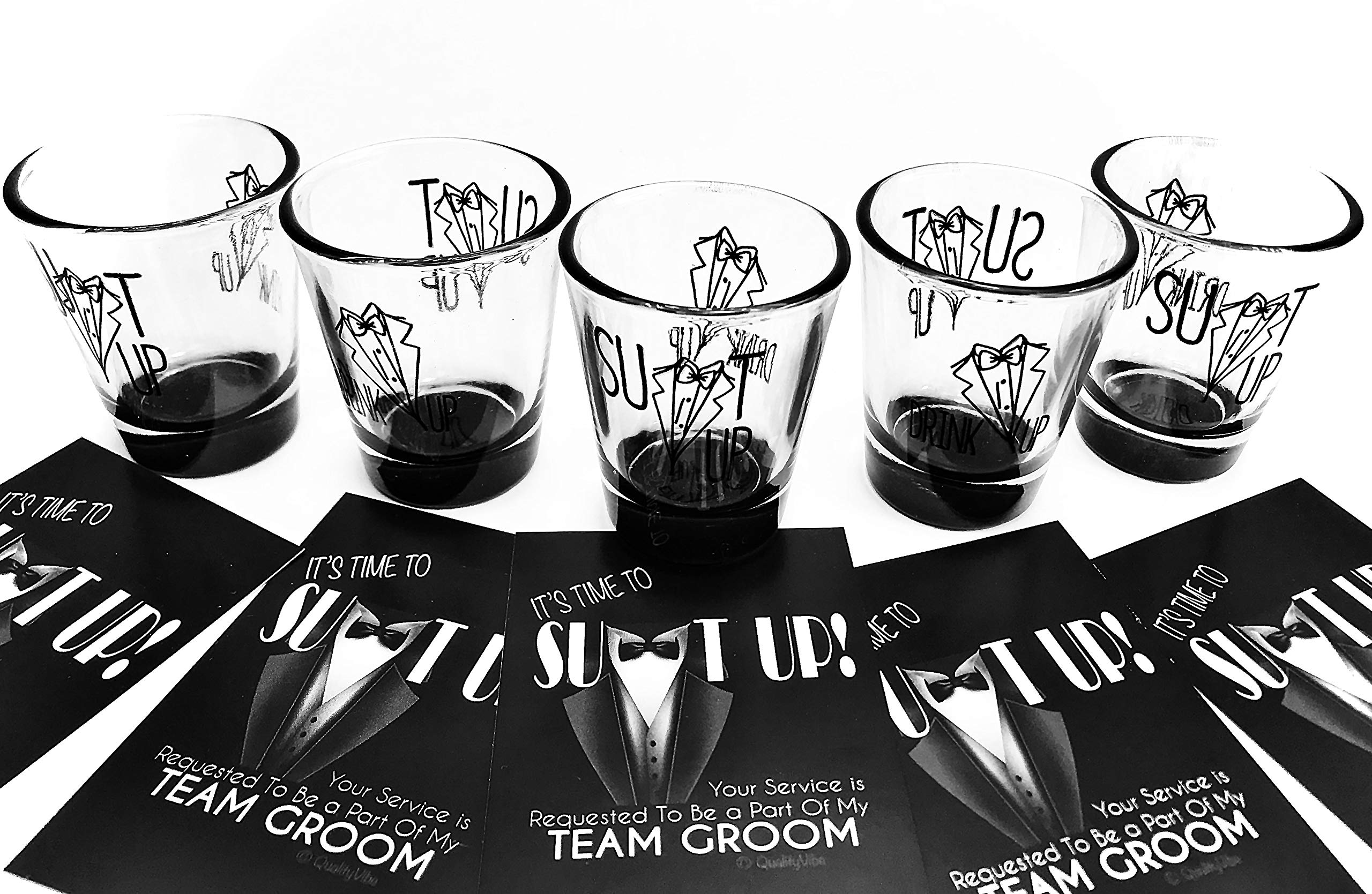 5 Groomsmen Shot Glasses (1.75 oz) & 5 Team Groom Proposal Cards as a Bachelor Party Gift Idea With Suit Up & Drink Up Text & Graphics.