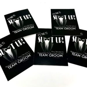 5 Groomsmen Shot Glasses (1.75 oz) & 5 Team Groom Proposal Cards as a Bachelor Party Gift Idea With Suit Up & Drink Up Text & Graphics.