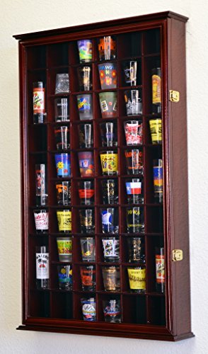 54 Shot Glass Shooter Display Case Holder Cabinet Wall Rack w/UV Protection -Cherry