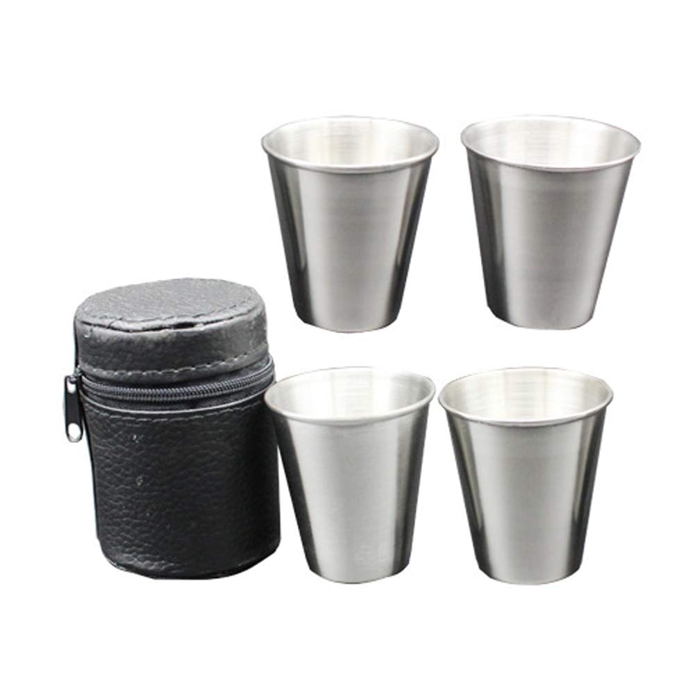 lasenersm 4 Pieces 70ml (2.36 oz) Stainless Steel Shot Cups Shot Glass Drinking Vessel with One Black PU-Leather Carrying Case Outdoor Camping Travel Coffee Tea Cup, Silver Cup, Black Case