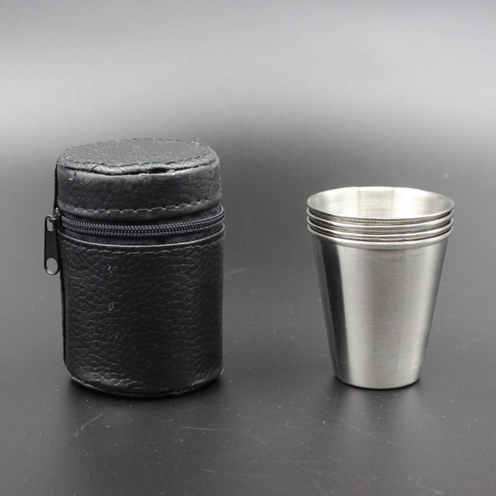 lasenersm 4 Pieces 70ml (2.36 oz) Stainless Steel Shot Cups Shot Glass Drinking Vessel with One Black PU-Leather Carrying Case Outdoor Camping Travel Coffee Tea Cup, Silver Cup, Black Case