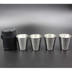 lasenersm 4 Pieces 70ml (2.36 oz) Stainless Steel Shot Cups Shot Glass Drinking Vessel with One Black PU-Leather Carrying Case Outdoor Camping Travel Coffee Tea Cup, Silver Cup, Black Case