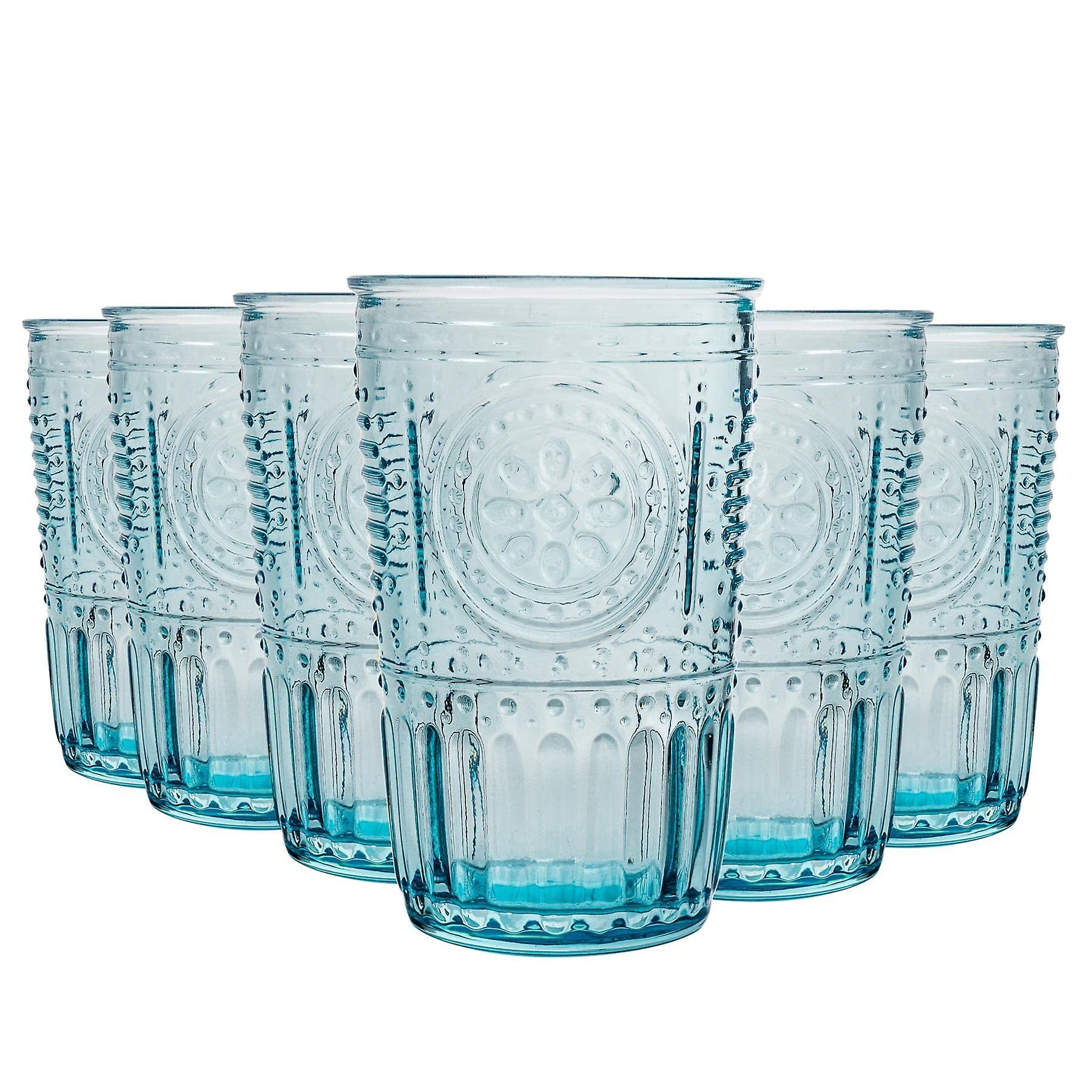 Bormioli Rocco Romantic Set Of 6 Tumbler Glasses, 11.5 Oz. Colored Crystal Glass, Light Blue, Made In Italy.