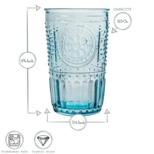 Bormioli Rocco Romantic Set Of 6 Tumbler Glasses, 11.5 Oz. Colored Crystal Glass, Light Blue, Made In Italy.