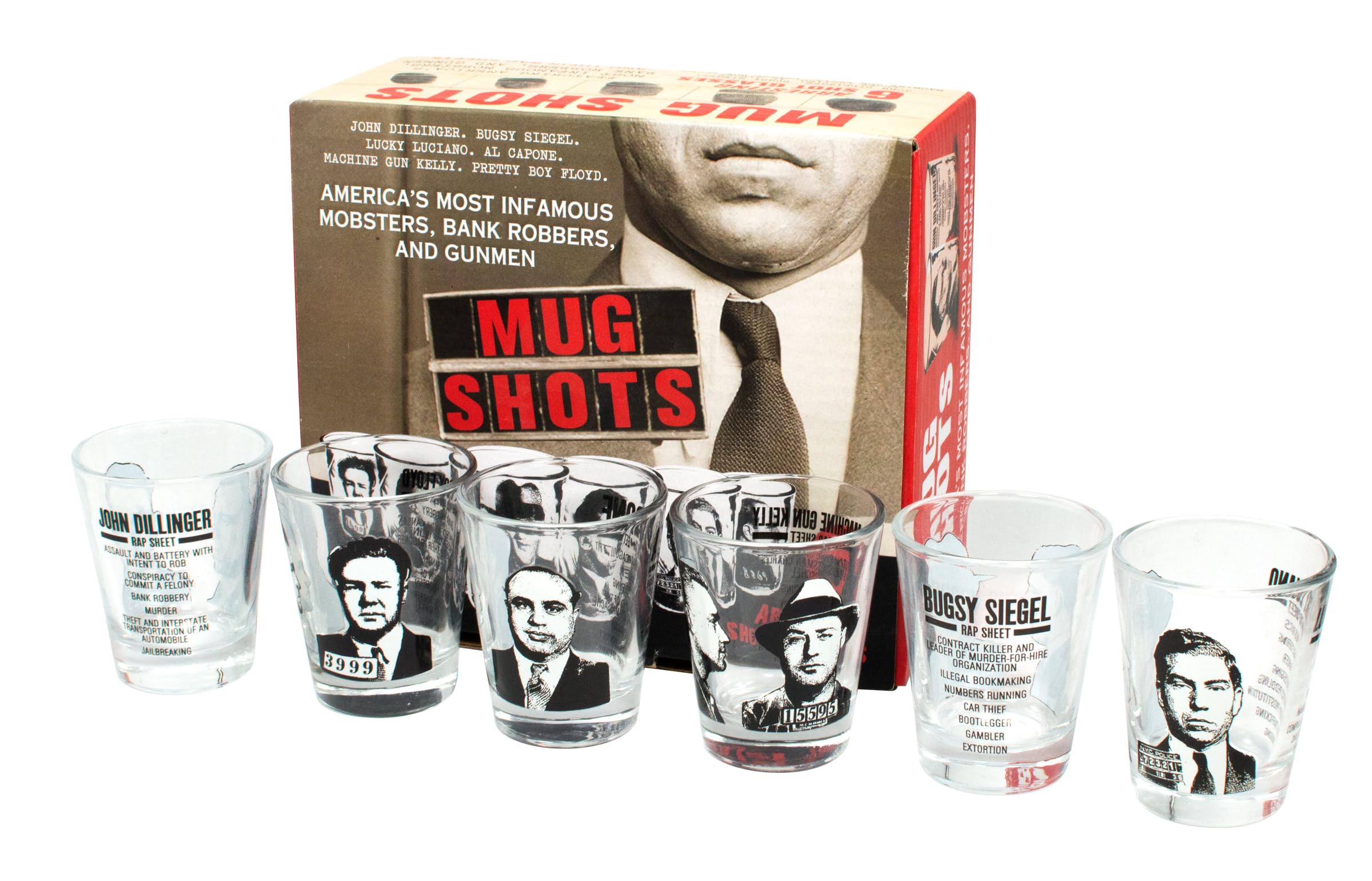 The Unemployed Philosophers Guild Mug Shots - 6 Piece Shot Glass Set of Famous Gangster Mugshots - Comes in Colorful Gift Box