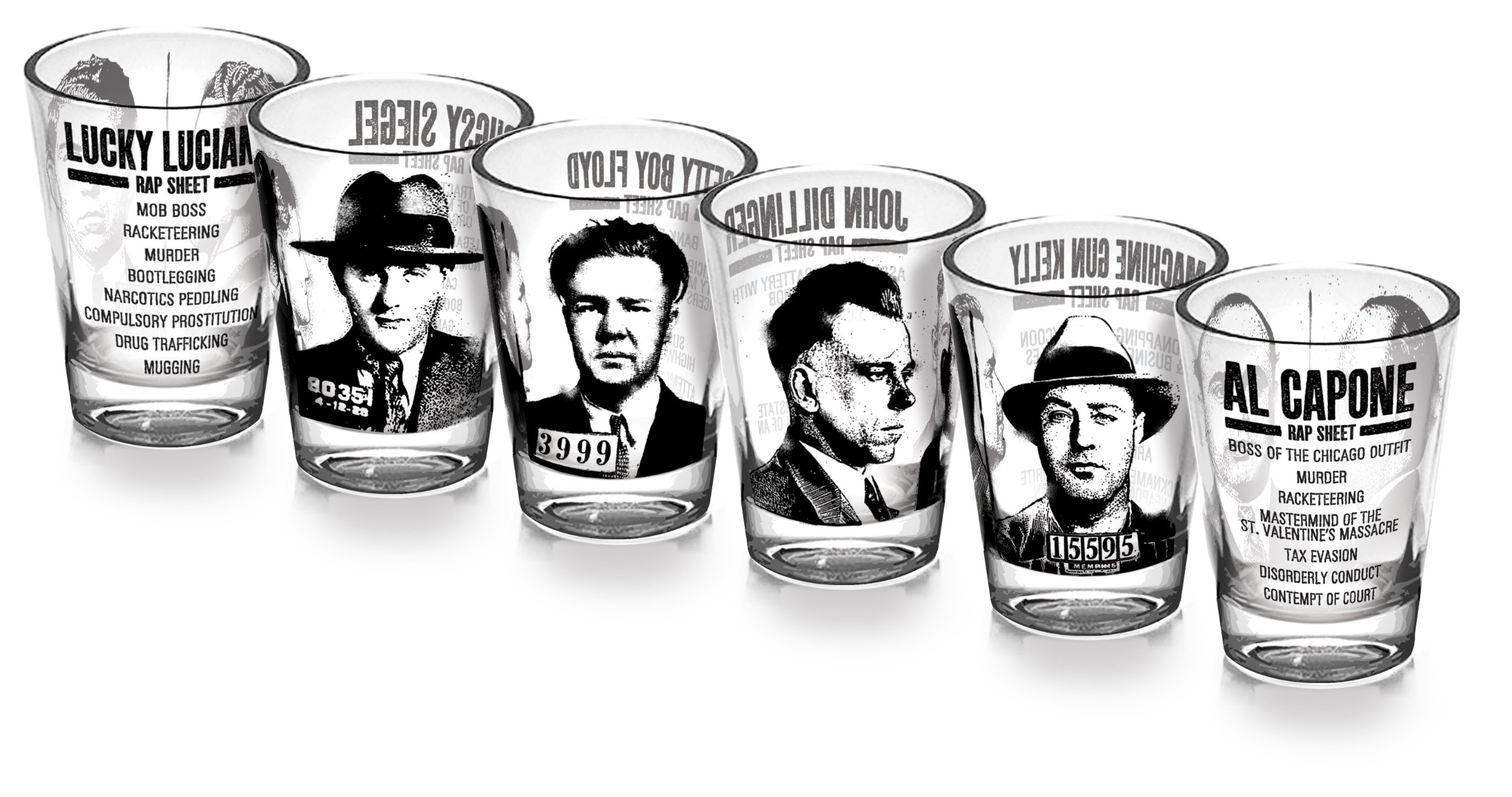 The Unemployed Philosophers Guild Mug Shots - 6 Piece Shot Glass Set of Famous Gangster Mugshots - Comes in Colorful Gift Box