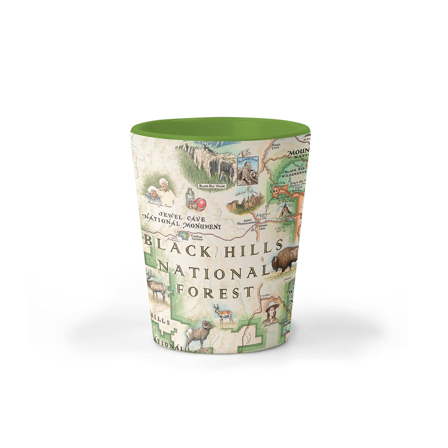 Mount Rushmore, Black Hills National Forest, Devils Tower Map Ceramic Shot Glass, BPA-Free - For Office, Home, Gift, Party - Durable and holds 1.5 oz Liquid