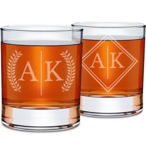 on the rox drinks personalized whiskey gifts for men - 11 oz engraved split monogrammed whiskey glass set of 2 - customized cocktail glass - bourbon, scotch, rocks, brandy