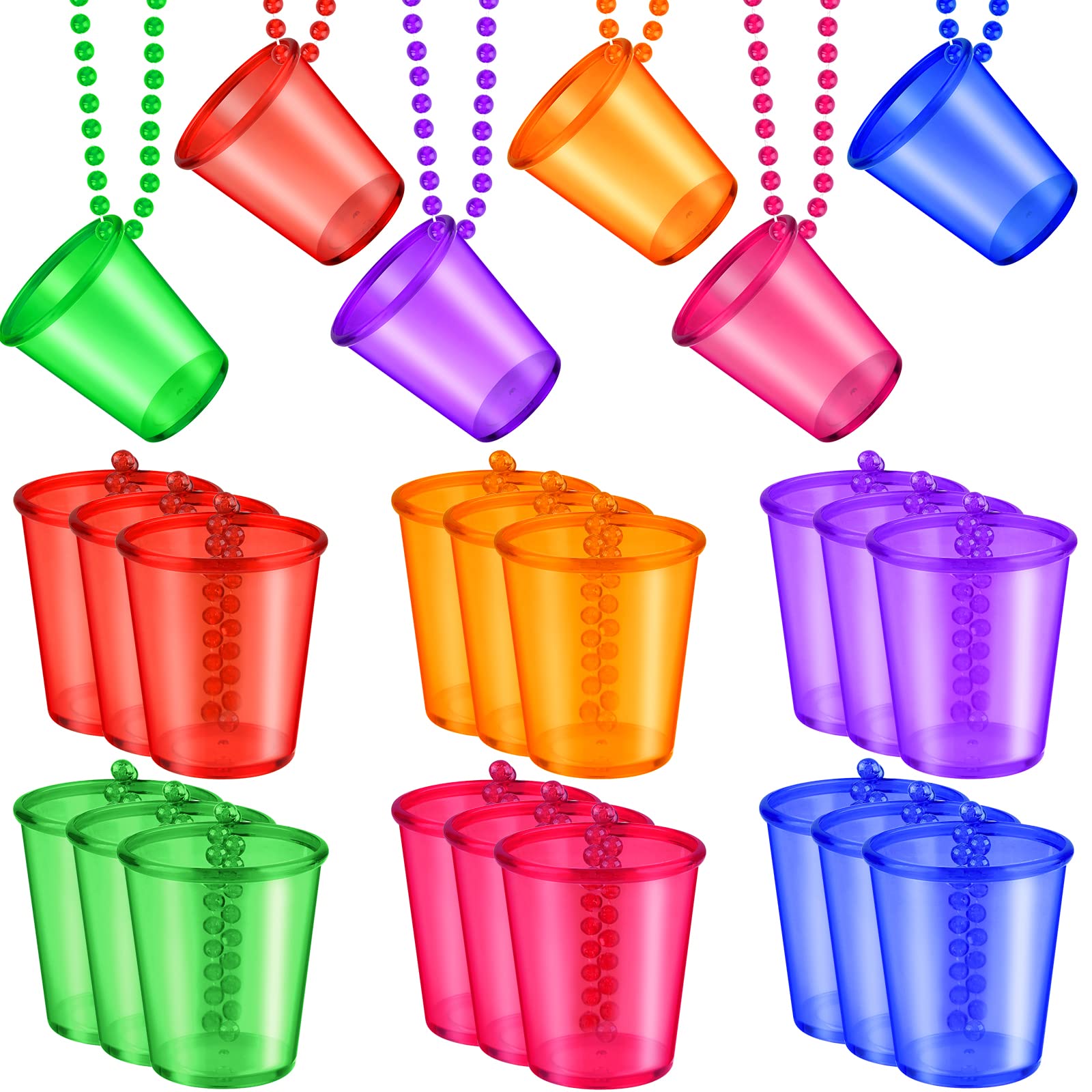 24 Pieces Shot Glass on Beaded Necklace Shot Glass Necklaces Plastic Shot Cup Necklace for Team Groom and Bride Supplies Bachelorette Party Birthday Wedding Party Festival Parade (6 Colors)