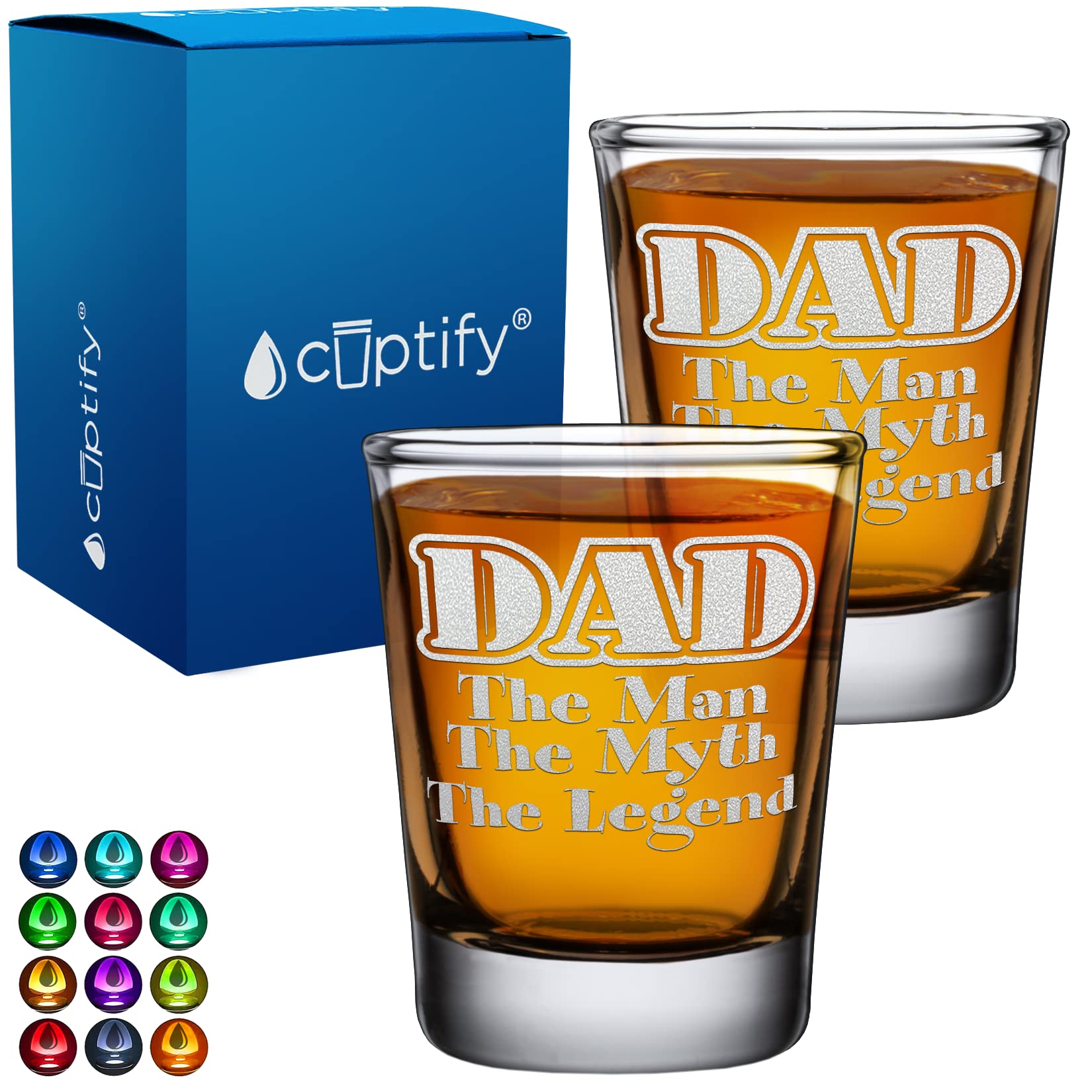 Cuptify Dad The Man Myth Legend 2oz Shot Glasses Set of 2 Etched Party Favors Cool Birthday Gifts for Men, Him, Fathers Day