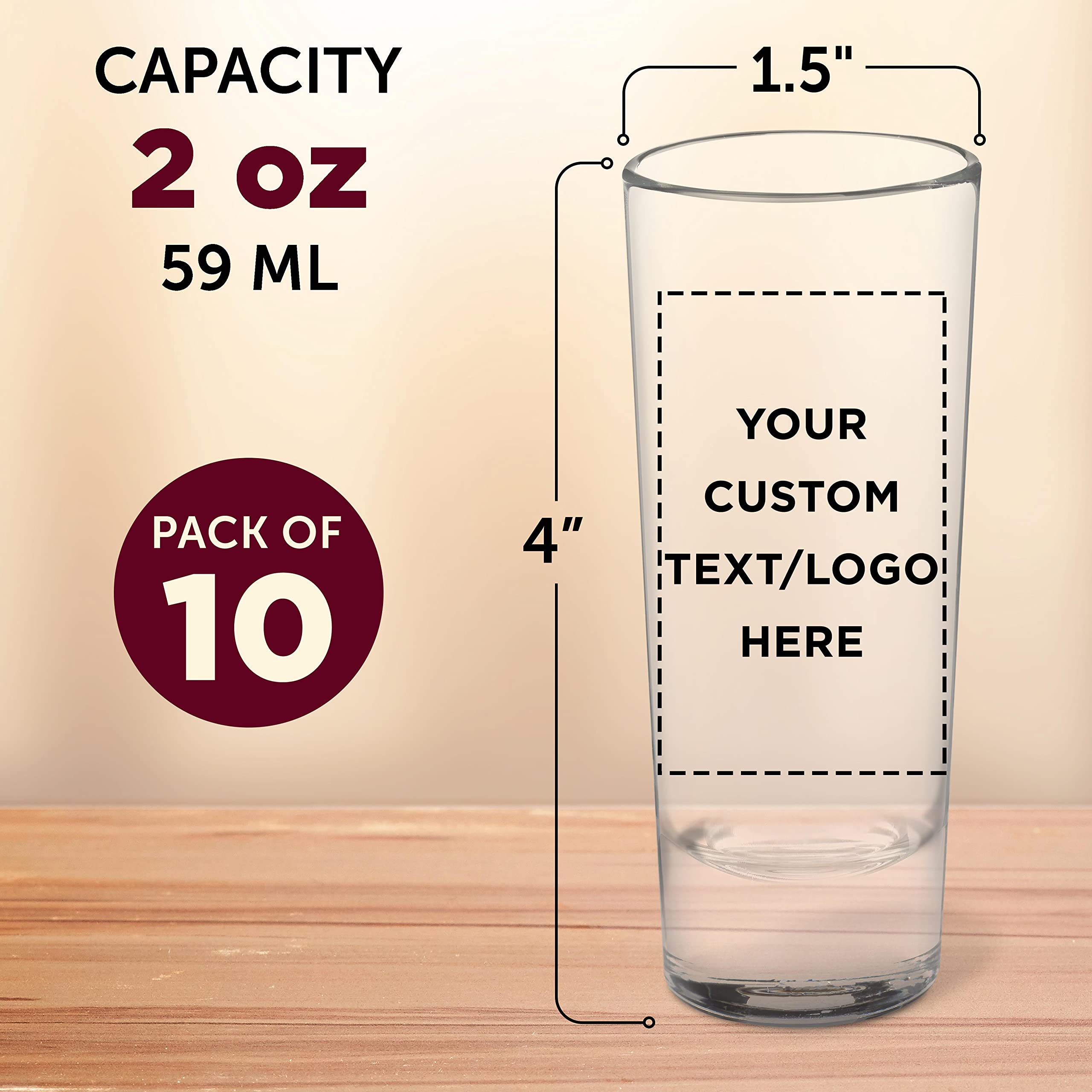 Custom Cordial Shooter Shot Glasses 2 oz. Set of 10, Personalized Bulk Pack - Great for Birthdays, Parties, Indoor & Outdoor Events - Clear