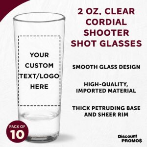 Custom Cordial Shooter Shot Glasses 2 oz. Set of 10, Personalized Bulk Pack - Great for Birthdays, Parties, Indoor & Outdoor Events - Clear