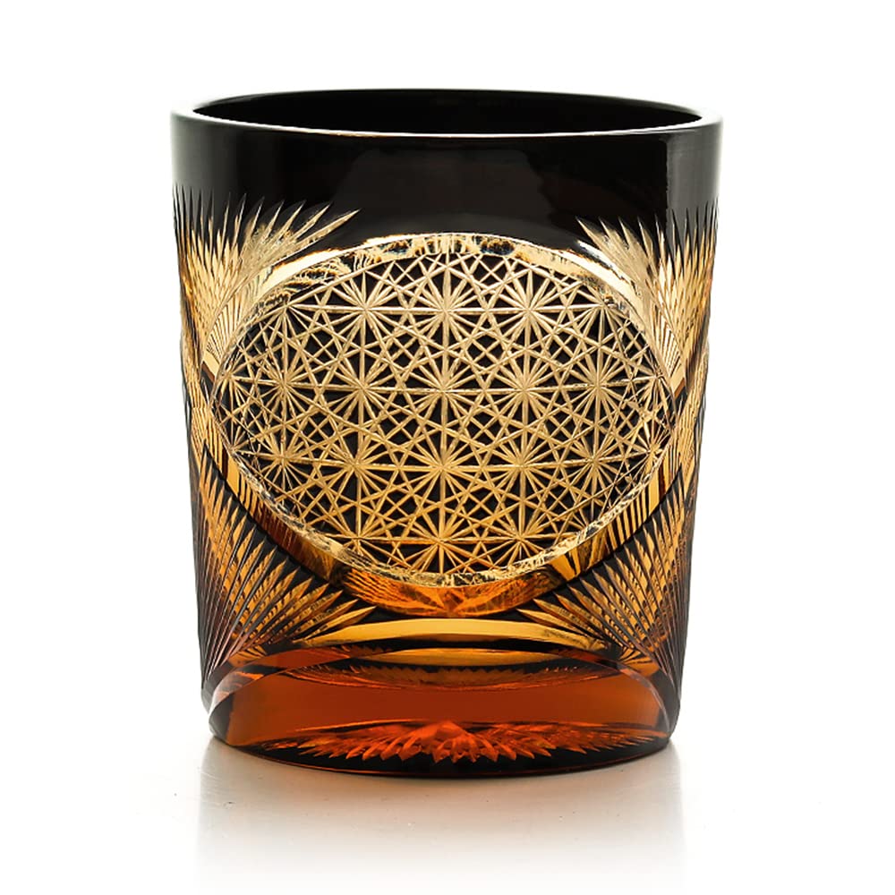 JINZHI Old Fashioned Glass Japanese Style 8OZ Amber Black Rocks Glasses Engraved Tumbler Drinkware Glasses for Whiskey Vodka with Gift Box