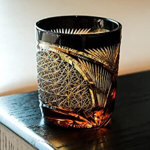 JINZHI Old Fashioned Glass Japanese Style 8OZ Amber Black Rocks Glasses Engraved Tumbler Drinkware Glasses for Whiskey Vodka with Gift Box