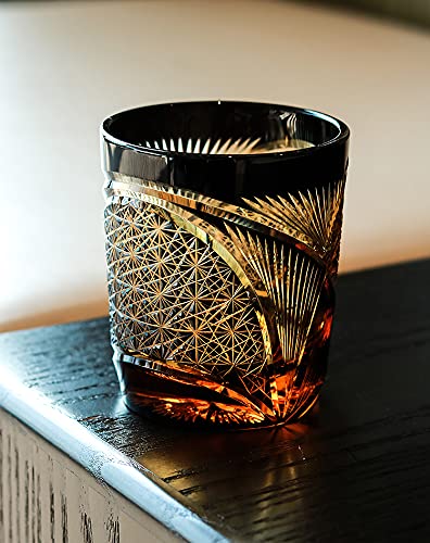 JINZHI Old Fashioned Glass Japanese Style 8OZ Amber Black Rocks Glasses Engraved Tumbler Drinkware Glasses for Whiskey Vodka with Gift Box