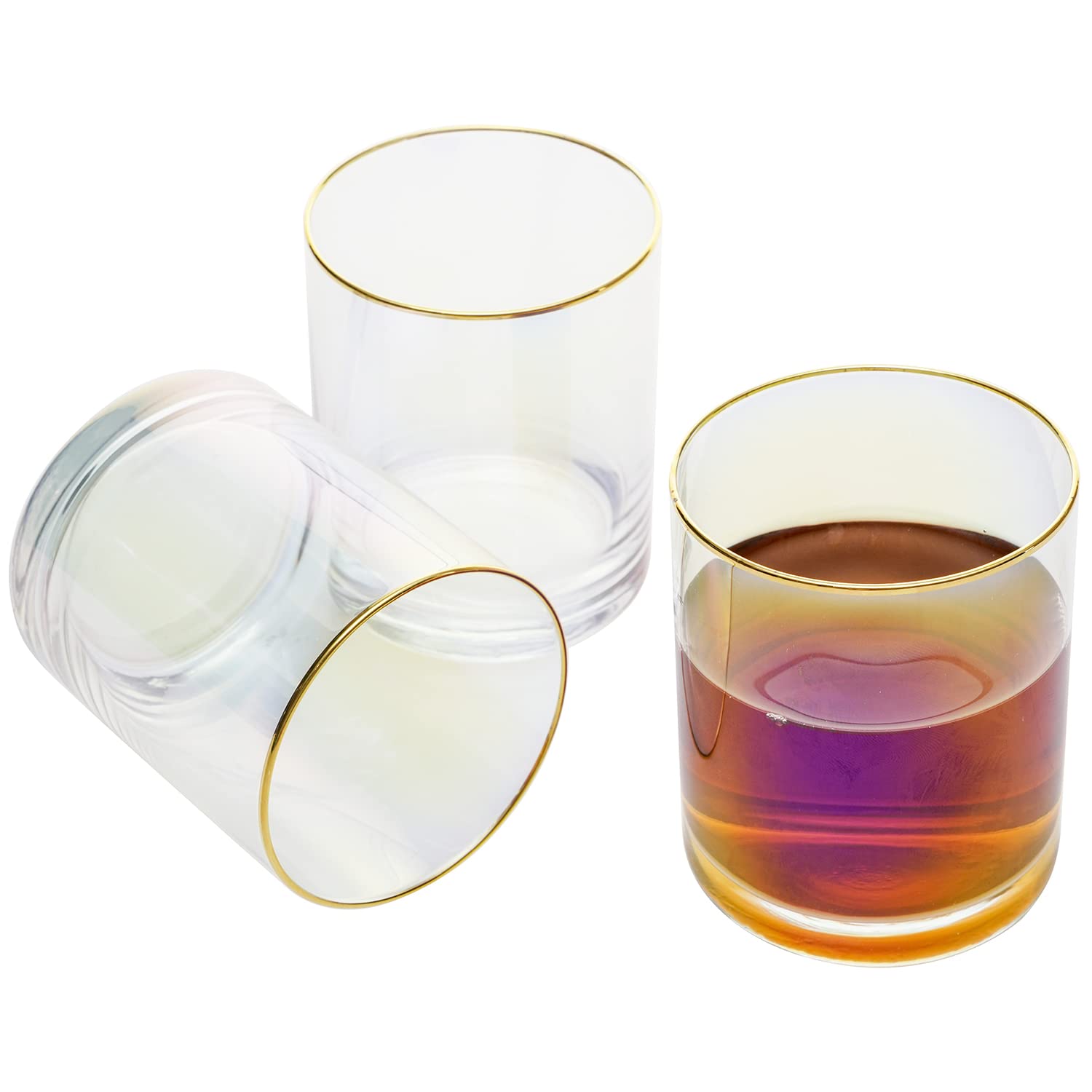 MyGift 15 oz Modern Iridescent Lowball/Old Fashioned Rocks Glasses with Gold Rim, Set of 6 / Drinking Tumbler Beverage Whiskey Glass