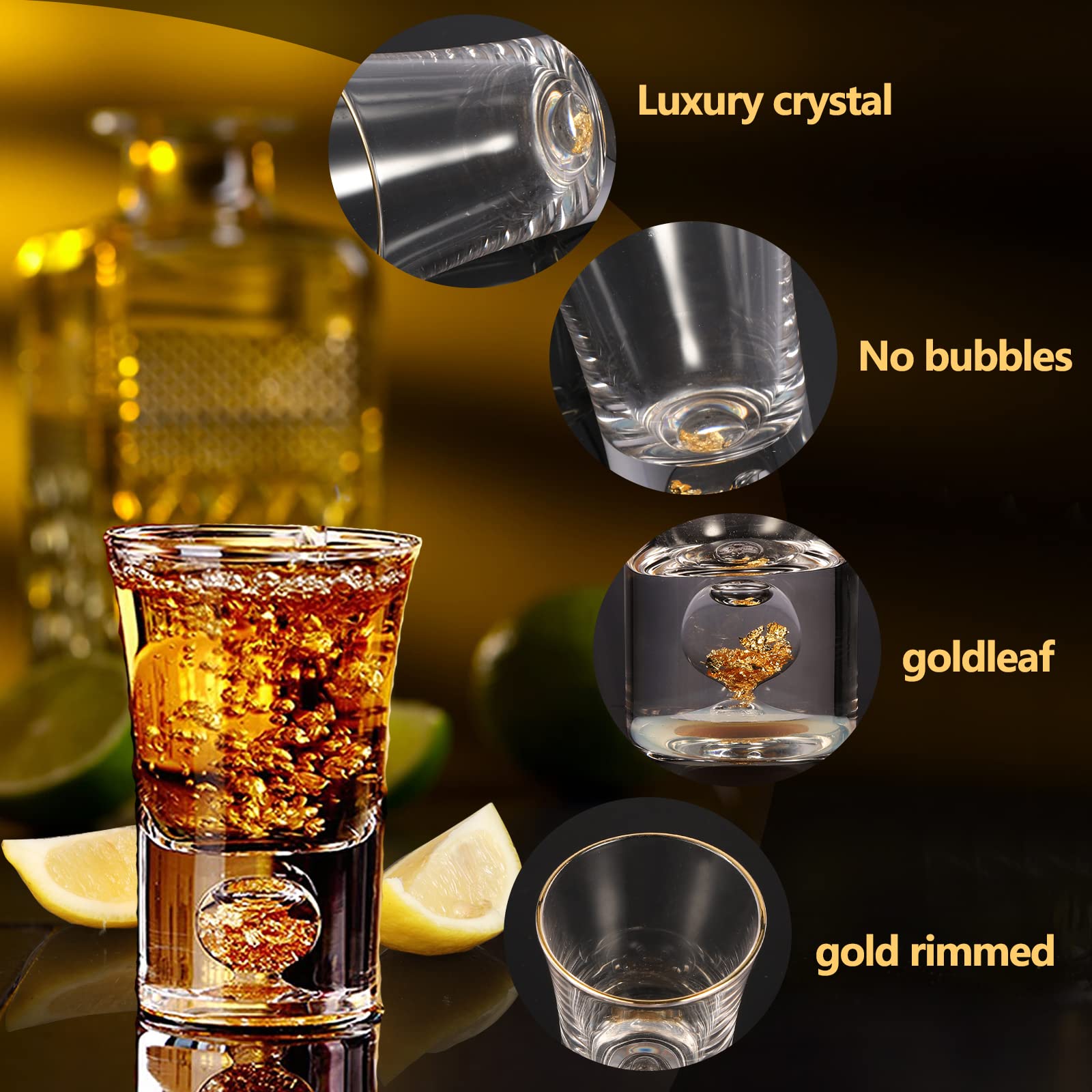 mwater Luxury Version Handmade Crystal 24K Gold Rimmed Shot Glasses,No Bubbles