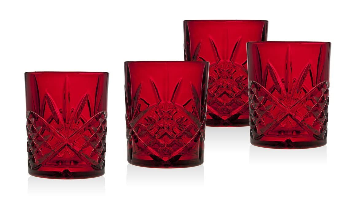 Godinger Double Old Fashioned Glasses, Beverage Glass Cups, Holiday Red - Dublin Collection, Set of 4