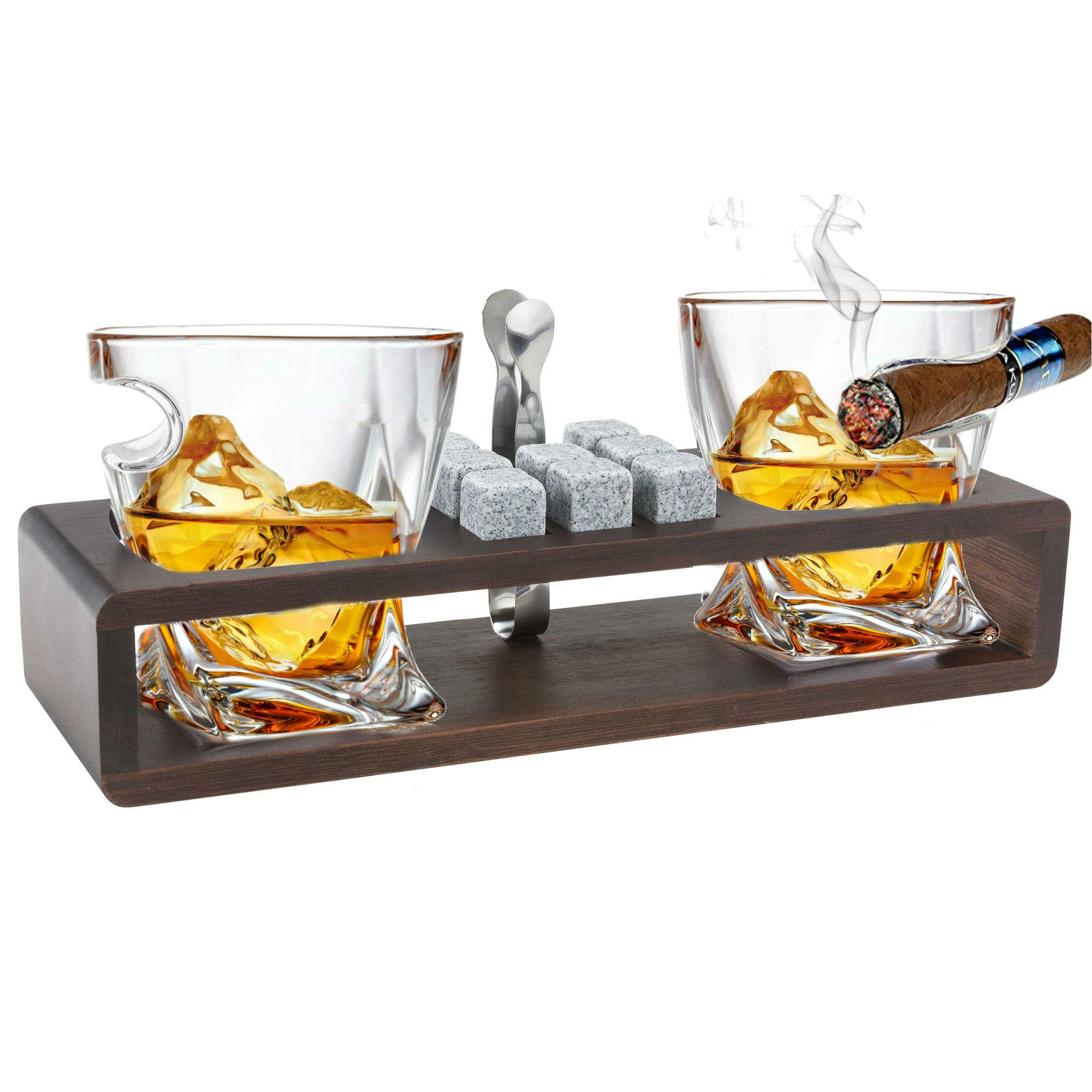 Bezrat Old Fashioned Cigar Whiskey Glasses With Side Mounted Cigar Rest Gift Set + Whisky Chilling Stones and accessories on Wooden Tray - Scotch Bourbon Glasses – Christmas Holiday Gift