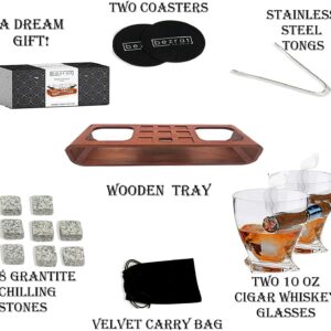 Bezrat Old Fashioned Cigar Whiskey Glasses With Side Mounted Cigar Rest Gift Set + Whisky Chilling Stones and accessories on Wooden Tray - Scotch Bourbon Glasses – Christmas Holiday Gift