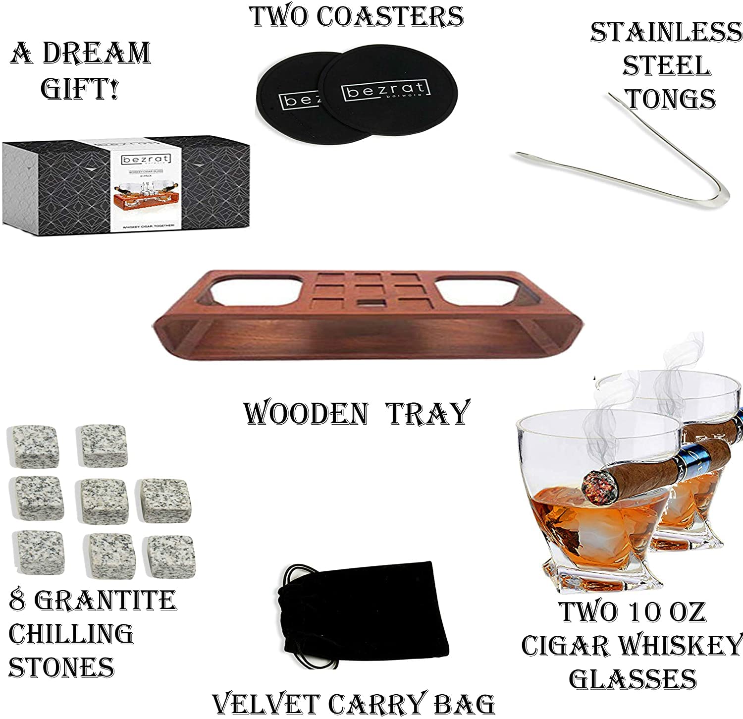 Bezrat Old Fashioned Cigar Whiskey Glasses With Side Mounted Cigar Rest Gift Set + Whisky Chilling Stones and accessories on Wooden Tray - Scotch Bourbon Glasses – Christmas Holiday Gift