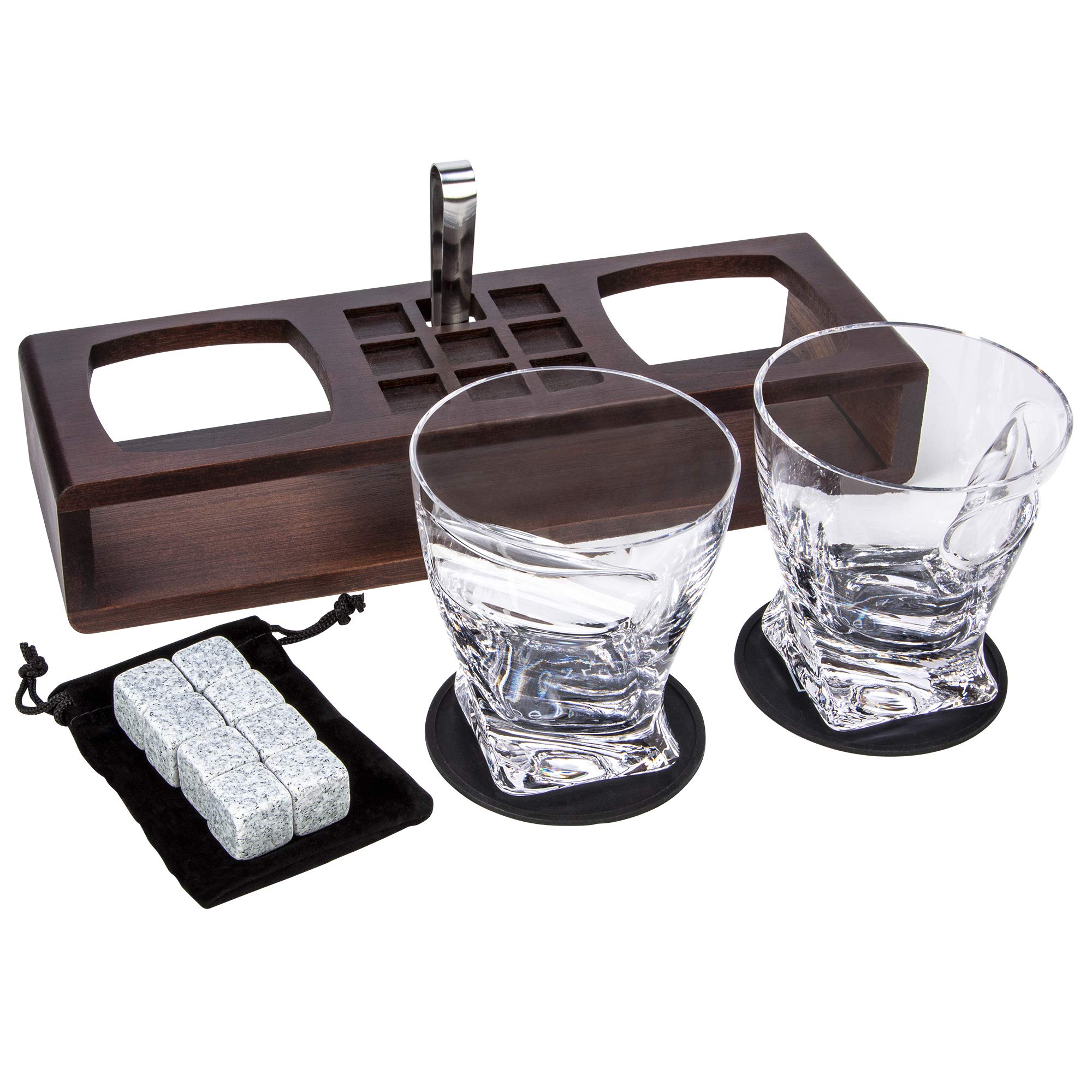 Bezrat Old Fashioned Cigar Whiskey Glasses With Side Mounted Cigar Rest Gift Set + Whisky Chilling Stones and accessories on Wooden Tray - Scotch Bourbon Glasses – Christmas Holiday Gift