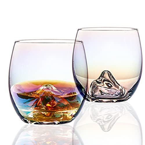 Iridescent Snow Mountain Whiskey Glasses Set of 2 Old Fashioned Rocks Glass 11.8 Oz Handblown Lead-free Whisky Tumbler Premium Crystal Glass for Scotch/ Bourbon/ Cognac/ Liquor/ Rum/ Vodka/ Cocktails