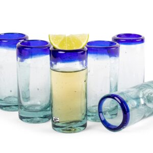 FESTMEX Authentic Hand Blown Mexican Tequila Shot Glasses – Set of 6 Cobalt Blue Rim Tequila Shot Glasses Made from Recycled Glass by Artisans (2 OZ, Cobalt)