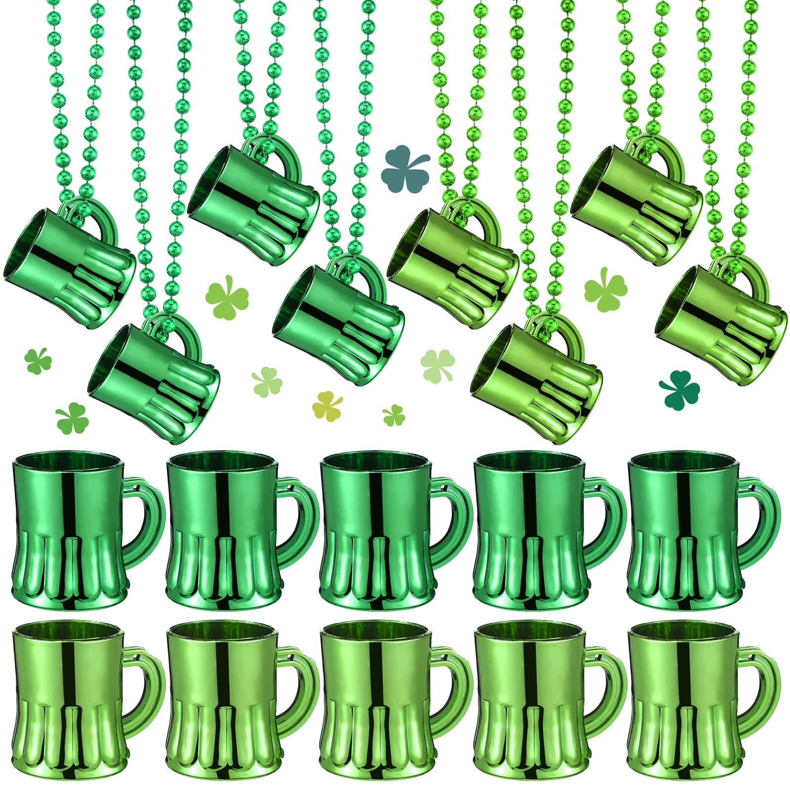 Kathfly 50 Pcs St Patrick's Day Beads Necklace with Shot Glasses Beer Mug St Patrick's Day Mini Beer Mugs Necklace Accessories for Irish Gifts Party Supplies Costume, Metallic Green, Light Green