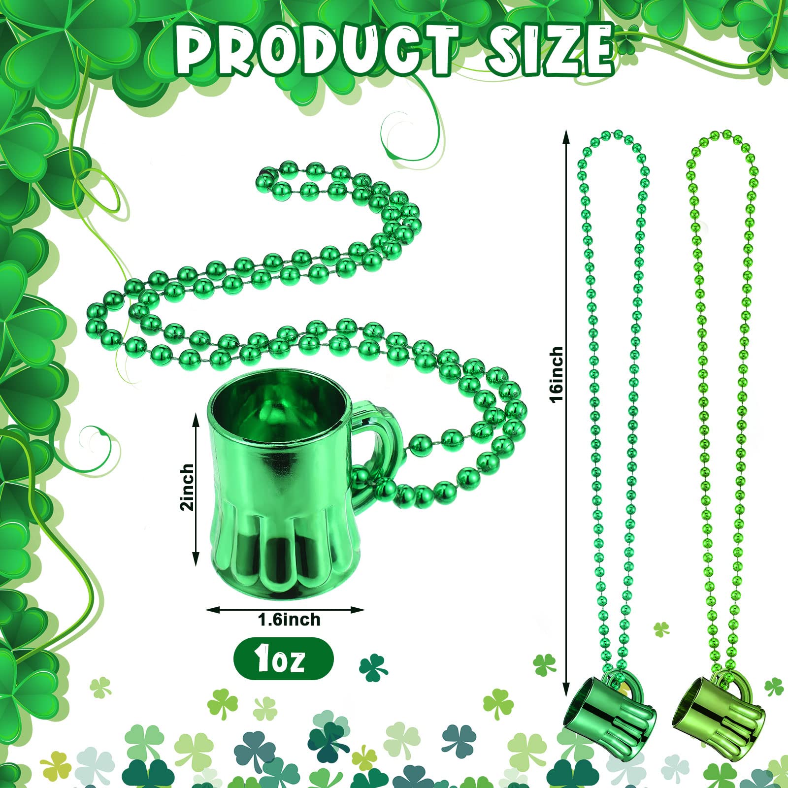 Kathfly 50 Pcs St Patrick's Day Beads Necklace with Shot Glasses Beer Mug St Patrick's Day Mini Beer Mugs Necklace Accessories for Irish Gifts Party Supplies Costume, Metallic Green, Light Green