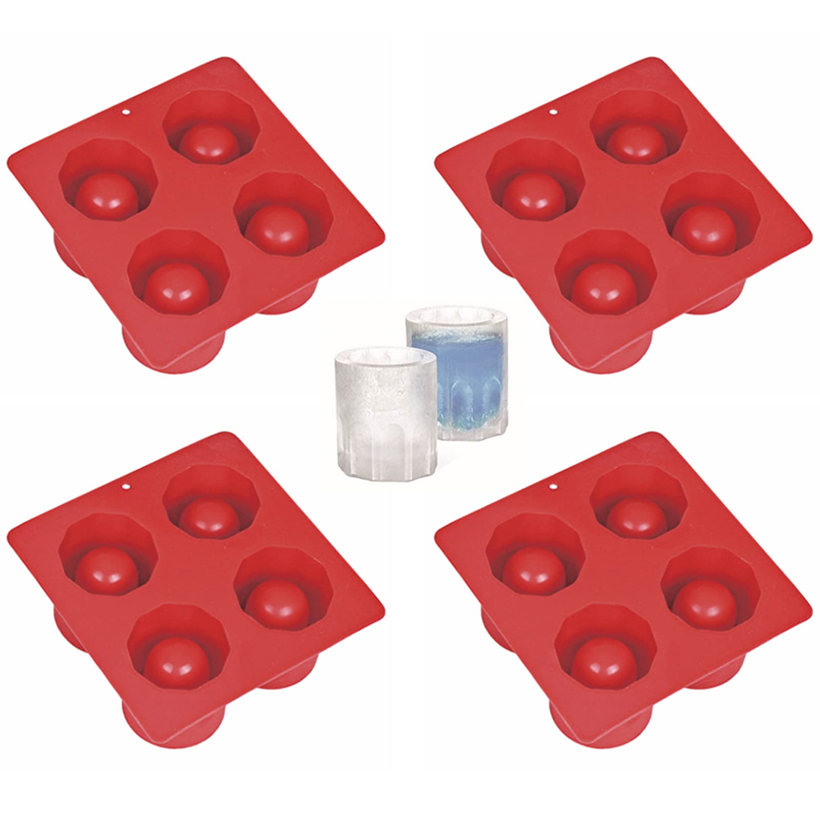 DD-life 4 Pcs 4-Cavity Ice Cubist Ice Shot Glass Molds Round Shot Glass Silicone Mold(Red）