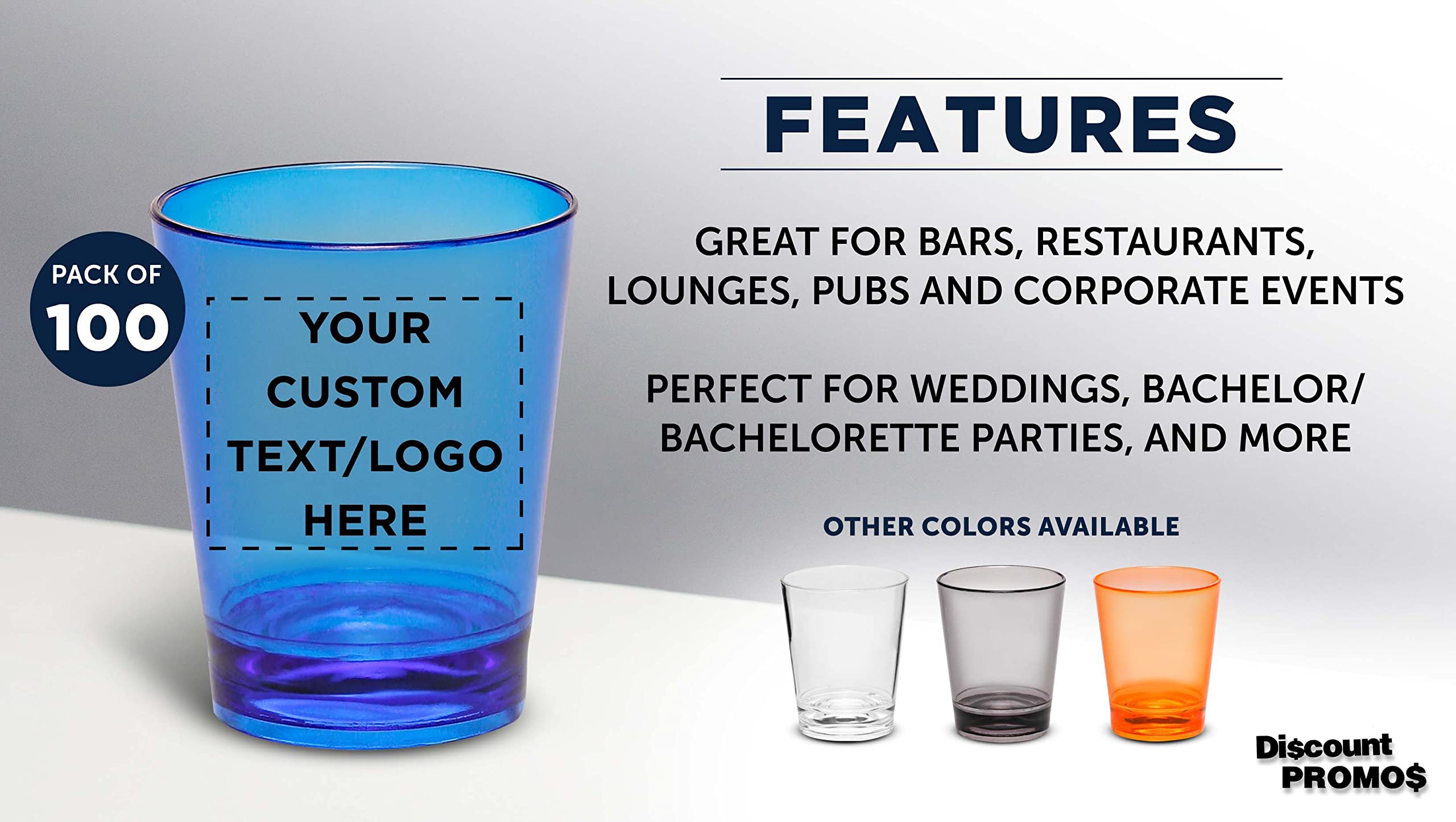 Custom Translucent Plastic Shot Glasses 1.5 oz. Set of 100, Personalized Bulk Pack - Acrylic, Great for Wedding, Party, Birthday, Gifts - Blue