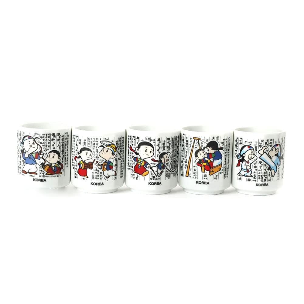 Korean Soju Shot Glass Set, 5 Piece Ceramic Pottery Cup for Soju Alcohol Liquor w/Korea Traditional folk game shot glasses, Illustration Paintings Gift Party Decoration Shot Glasses