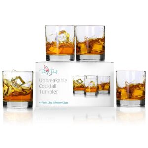 PartyProof Unbreakable Cocktail Tumbler Drinking Glasses 12oz Whiskey or Scotch Glass Reusable Tritan Shatterproof Plastic, Set of 4, Dishwasher Safe, Outdoors Drinkware Camping Cups