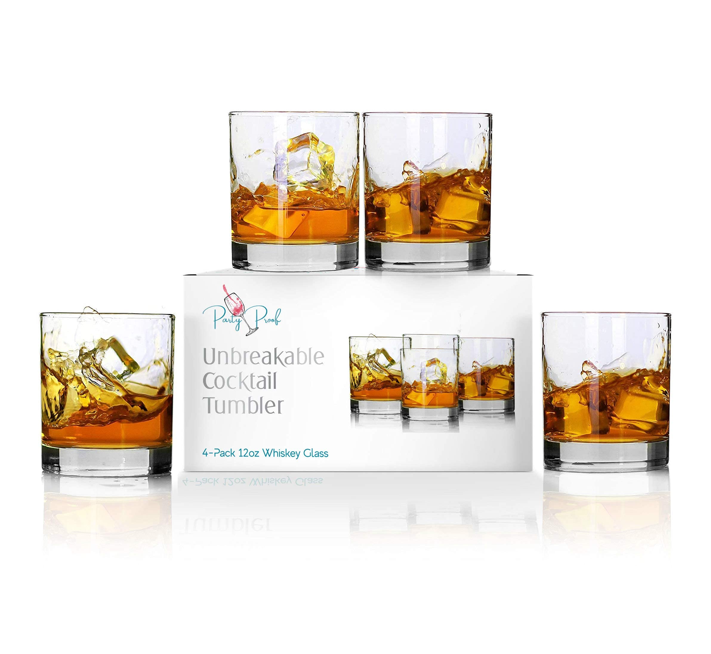 PartyProof Unbreakable Cocktail Tumbler Drinking Glasses 12oz Whiskey or Scotch Glass Reusable Tritan Shatterproof Plastic, Set of 4, Dishwasher Safe, Outdoors Drinkware Camping Cups