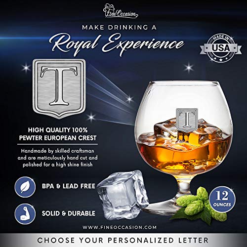 Personalized Premium Cognac Brandy Whiskey 12oz Glass Pewter Metal Monogram Initial Pewter Engraved Crest Novelty for Weddings, Birthdays or any Special Occasions by Fine Occasion – Letter T