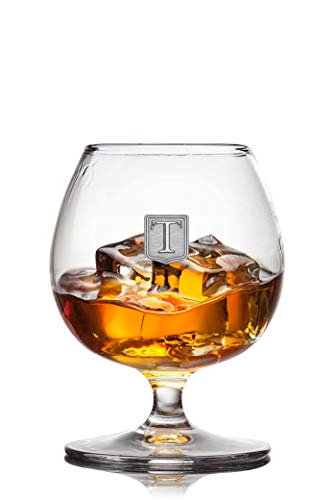 Personalized Premium Cognac Brandy Whiskey 12oz Glass Pewter Metal Monogram Initial Pewter Engraved Crest Novelty for Weddings, Birthdays or any Special Occasions by Fine Occasion – Letter T