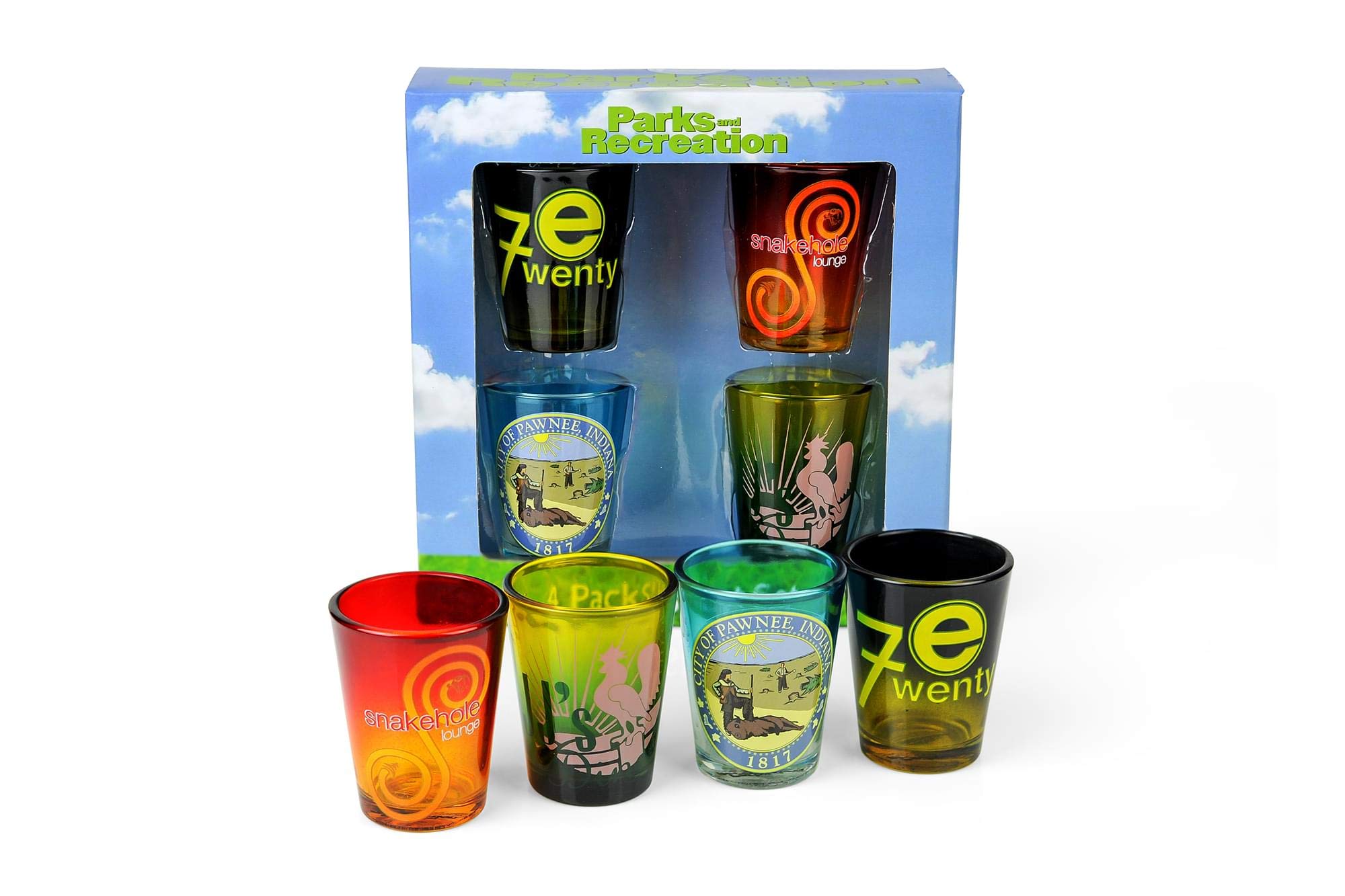 Surreal Entertainment Parks and Recreation Location Logos 4 Piece Shot Glass Set