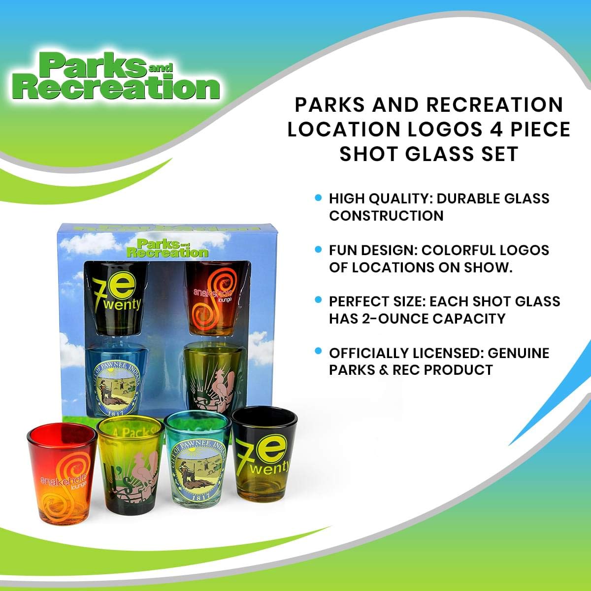 Surreal Entertainment Parks and Recreation Location Logos 4 Piece Shot Glass Set