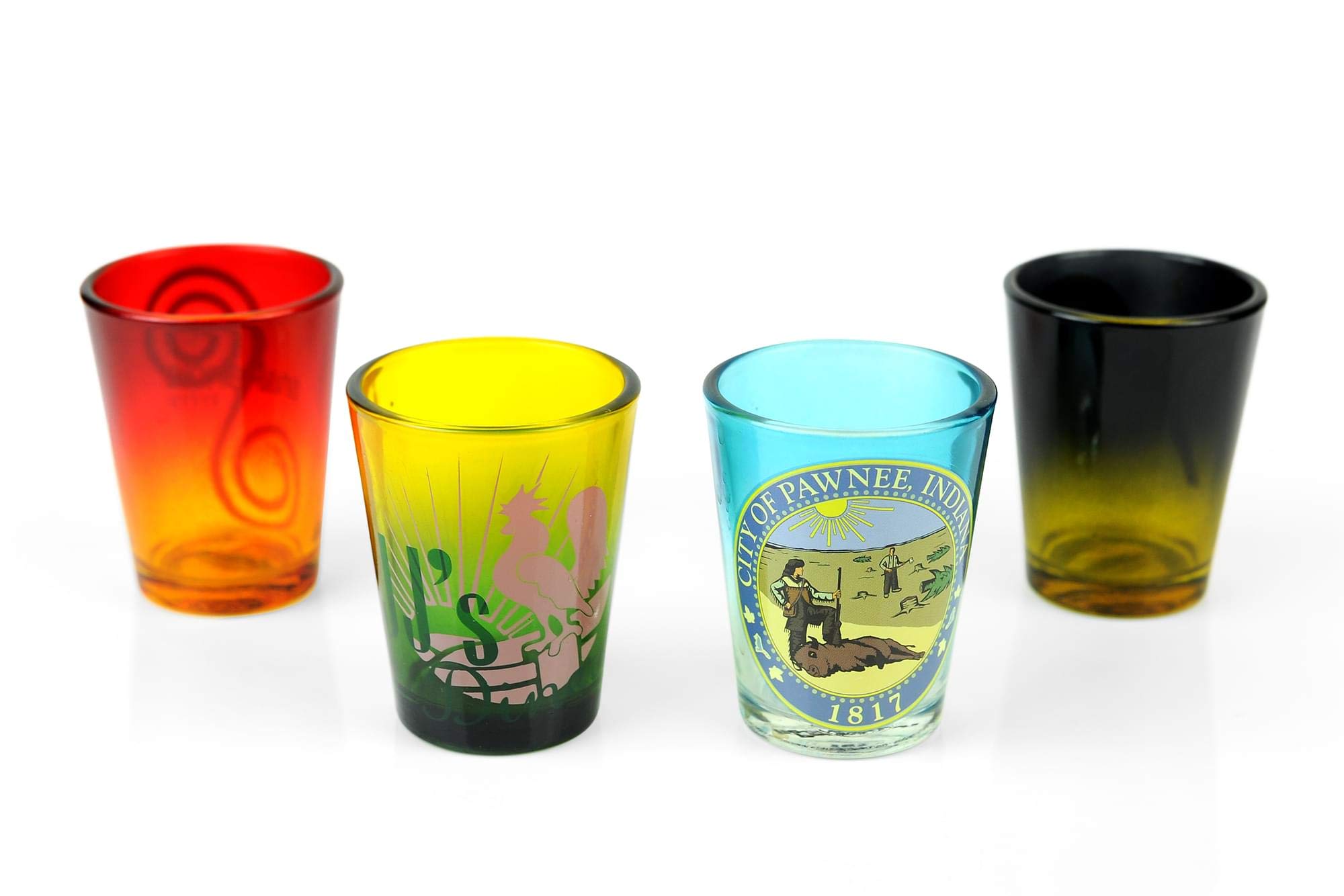 Surreal Entertainment Parks and Recreation Location Logos 4 Piece Shot Glass Set