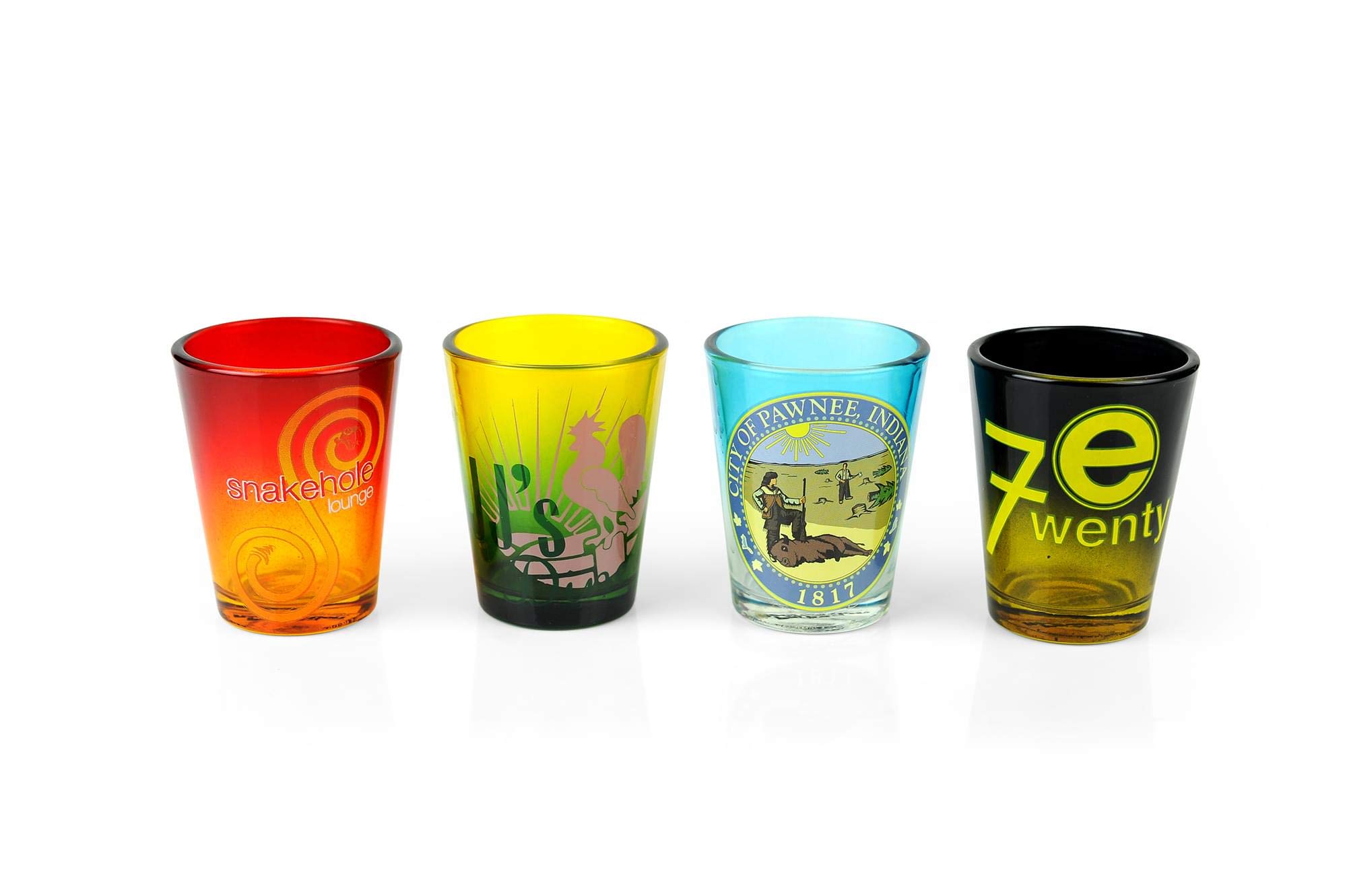 Surreal Entertainment Parks and Recreation Location Logos 4 Piece Shot Glass Set