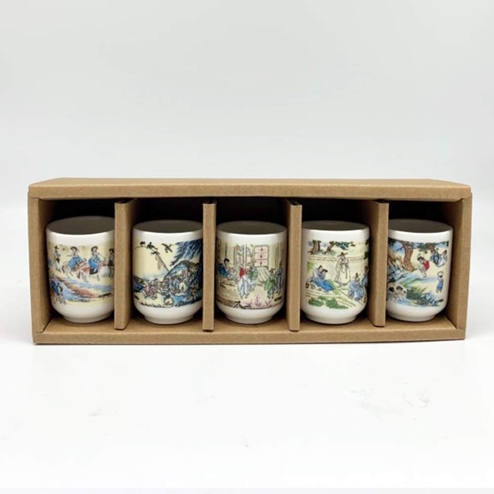 PARTYCRAFTZ Korean Soju Shot Glass Set – 5 Piece Ceramic Pottery Cup for Whiskey Sake Vodka Alcohol Liquor w/Korea Traditional Illustration Paintings Gift Party Decoration Display Drinking Glasses