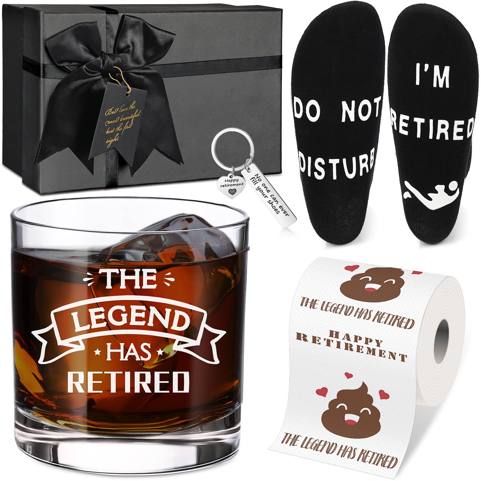 Fumete Funny Retirement Gifts Retirement Party Decorations Set Whiskey Bourbon Lowball Glass Full Length Socks Heart Shape Keychain Retirement Toilet Paper Gift for Men Women Coworkers with Gift Box