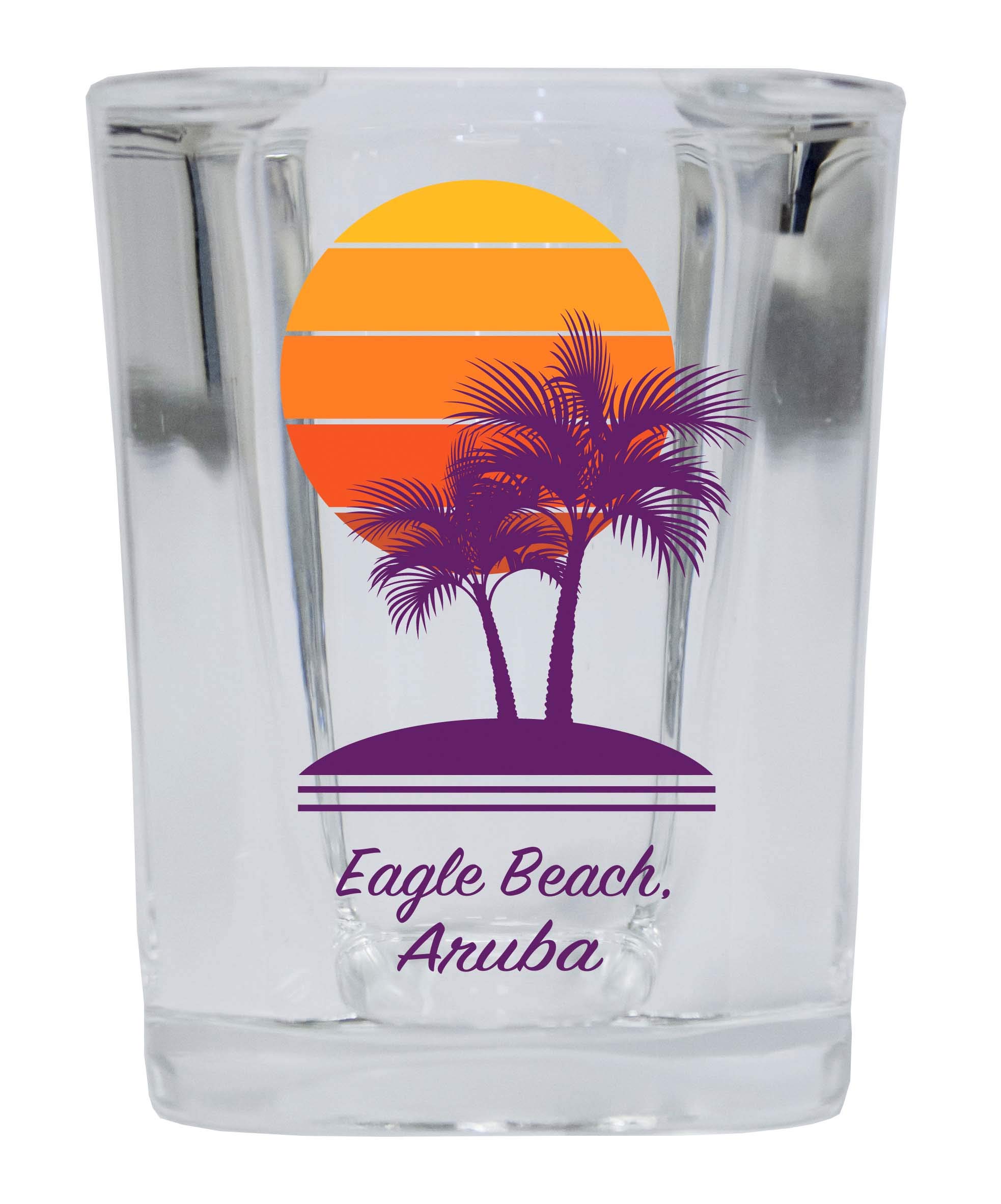 R and R Imports Eagle Beach Aruba Souvenir 2 Ounce Square Shot Glass Palm Design