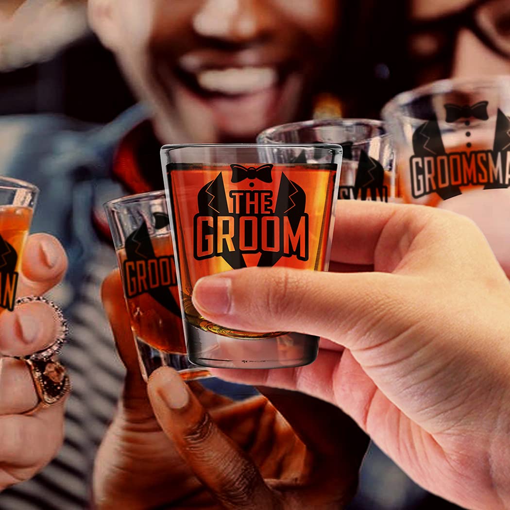 shop4ever The Groom Tuxedo and Groomsman Tuxedo Shot Glasses ~ Bachelor Party Favors ~ Wedding Shot Glasses (7 Pack)